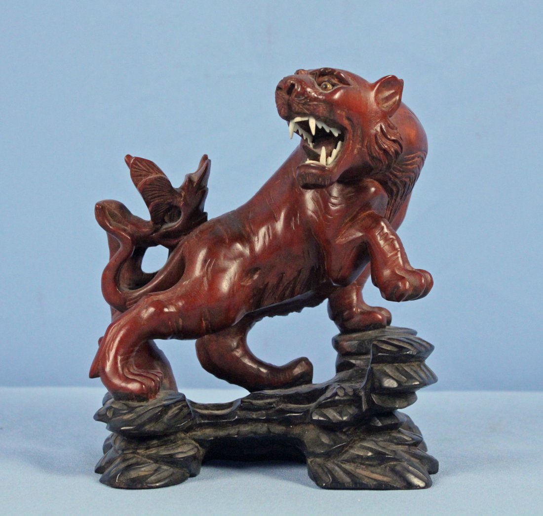 Chinese Carved Tiger on Carved Wood Base