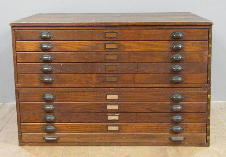 Vintage 10 Drawer Oak Flat File Cabinet