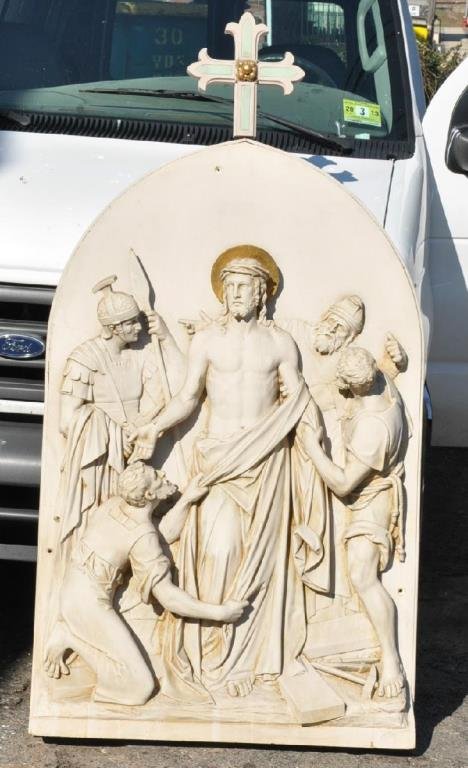 SET OF WOOD AND PLASTER STATIONS OF THE CROSS