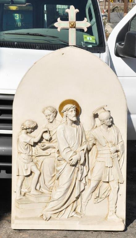 SET OF WOOD AND PLASTER STATIONS OF THE CROSS