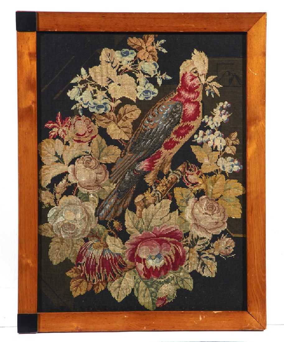 19th c Needlepoint work, parrot and flowers