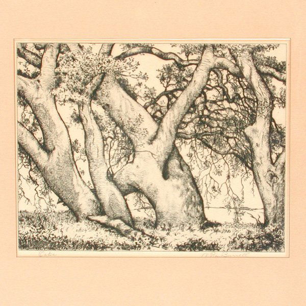 484: Alfred Ray Burrell Etching, "Oaks"