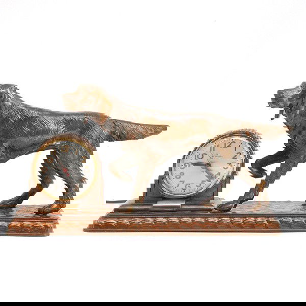 631: Spelter Irish Setter and Sessions clock on base.