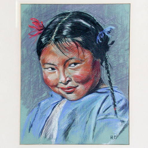 Initialed H.c." Eskimo Girl" Pastel Painting
