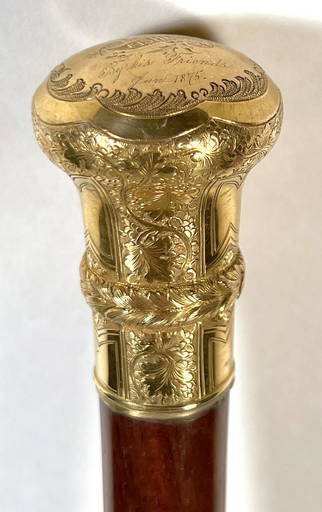 19th C Mahogany Rolled Gold Handle Presentation Cane