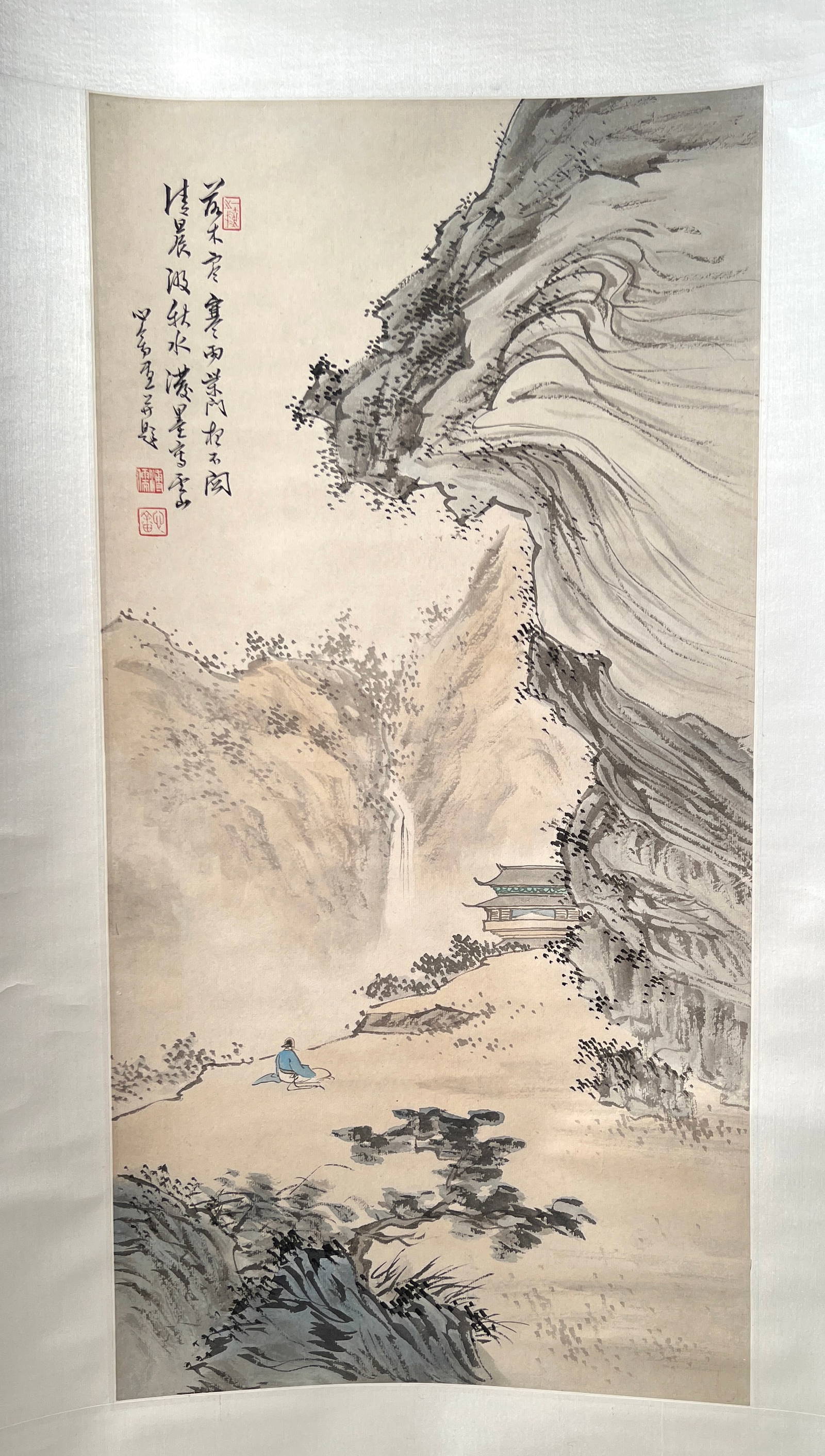 Chinese Ink & Color On Paper, Temple & Waterfall Auction