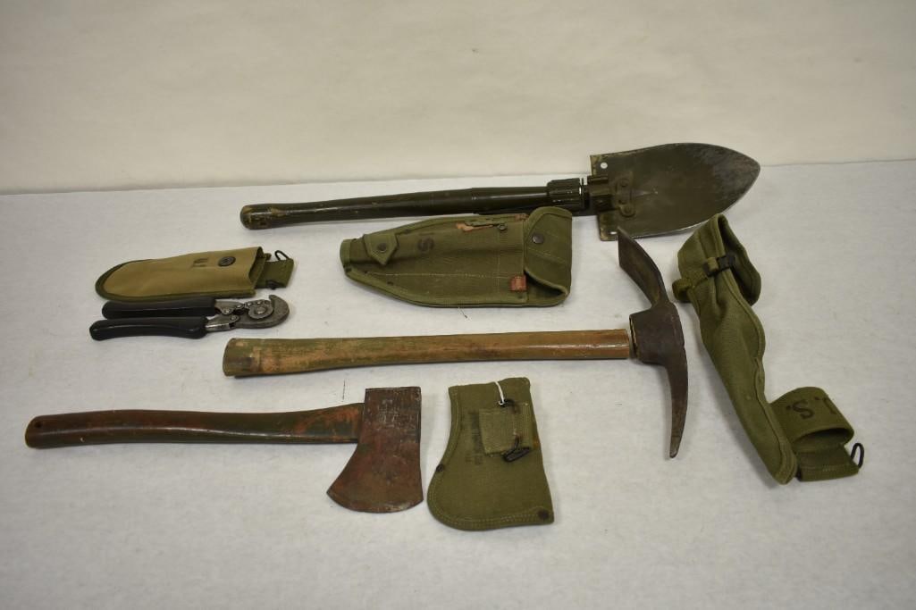 Assorted Ww2 U.s. Army Tools-folding Shovel, Pick, Hatchet, Barbed Wire ...