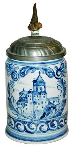 3/4l Delft Faience Castle Stein W Horn Thumblift