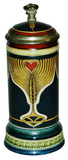Mettlach Art Nouveau Wheat & Heart Stein W Inlay