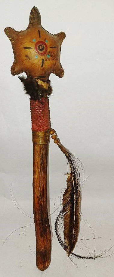 Vintage 12 1/2” Indian Rattle Wood, Leather & Feathers (#0626) on Mar ...