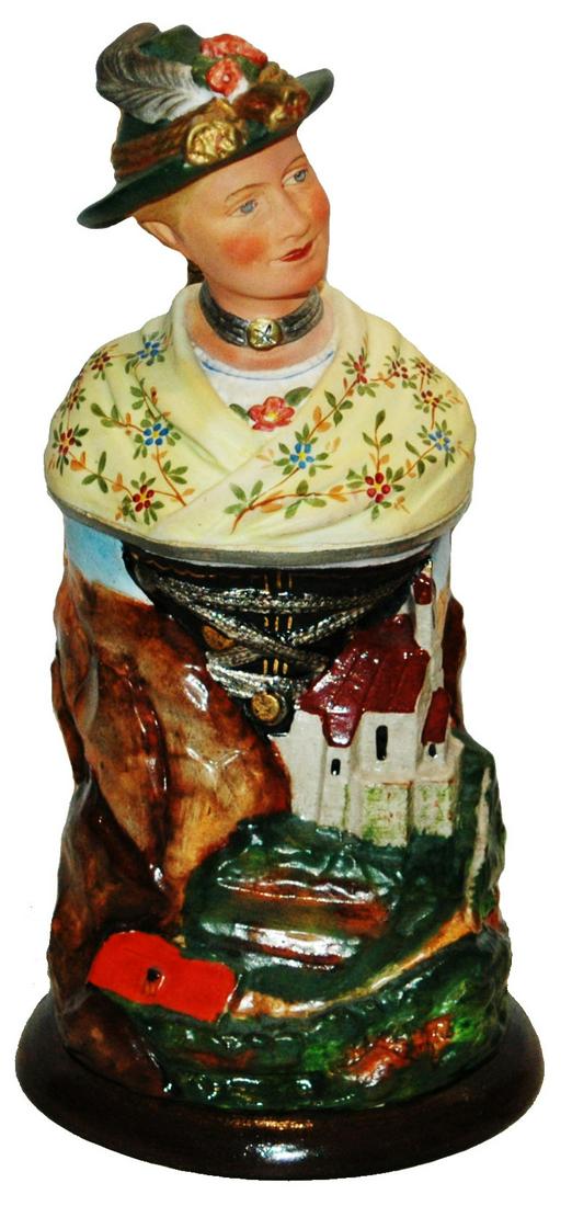 Alpine Woman W Church Scene Character Stein Auction