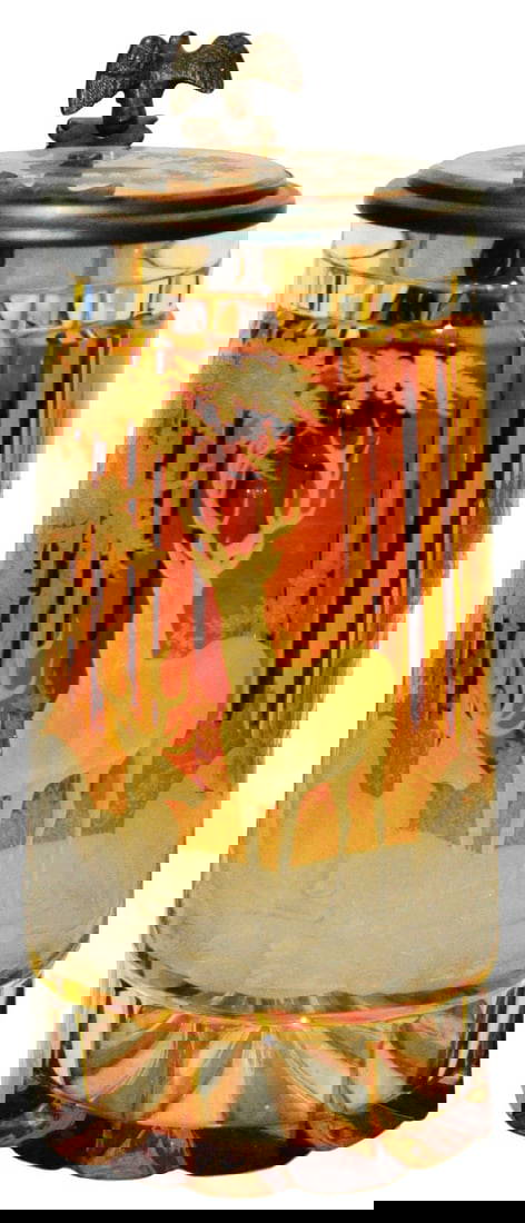 2l Intaglio Cut Glass Stags 1850 Stein W Match Lid Auction