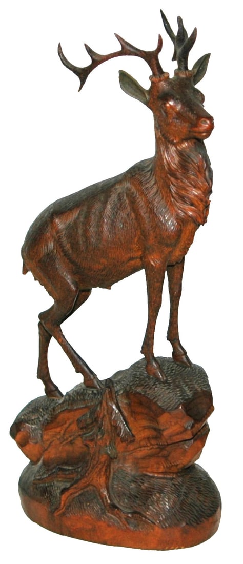 16" Black Forest Carved Wood Stag Figure On Rock Auction