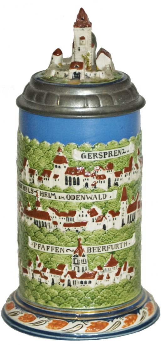 Mettlach Rothenstein Figural Castle Stein w Inlay