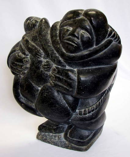 Signed 1974 Inuit Sculpture Woman With Child