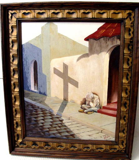 Sad Man On Sidewalk Under Cross Oil Painting By Jorge
