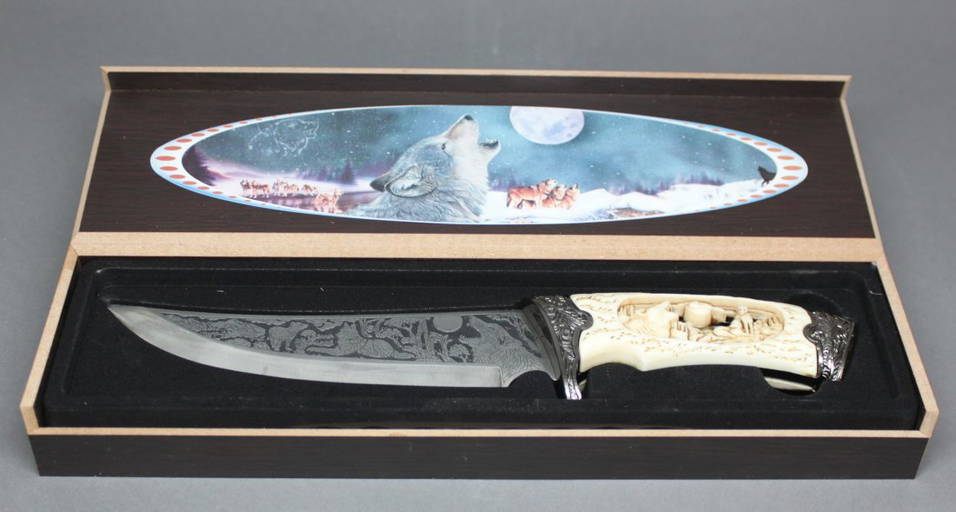 Engraved Bone Knife Collectible Howling Wolf W Case