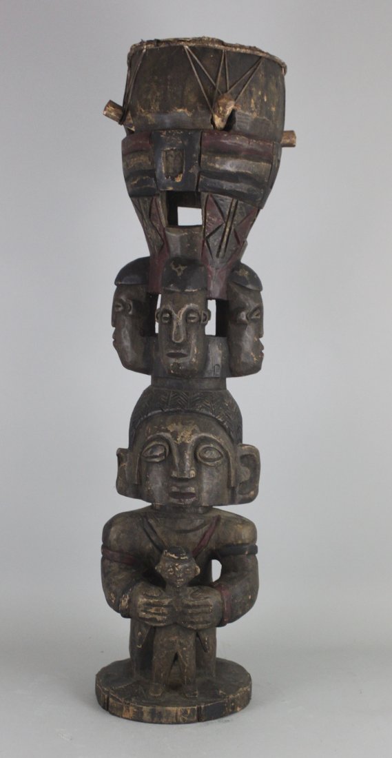 Antique African Ceremonial Totem Pole Carved Wood Drum