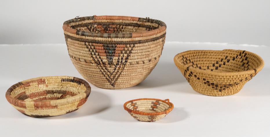 Group, Four Papago Baskets With Color & Designs