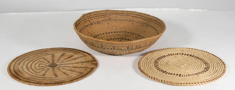 Group Of 3 Papago Pima Native Woven Basket & Trays