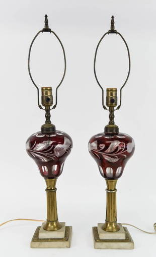Pair Of Marble And Cranberry Glass Table Lamps
