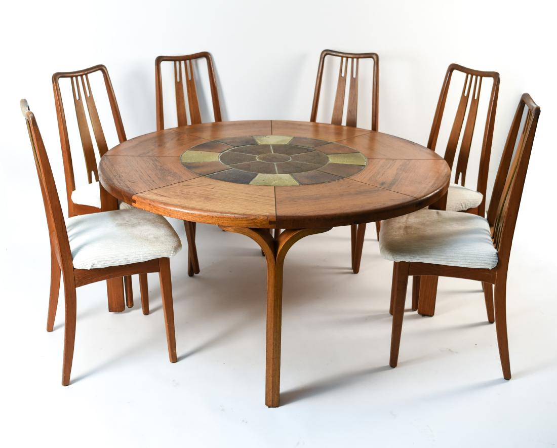 DANISH TEAK DINING TABLE W/ INSET TILES & 6 CHAIRS