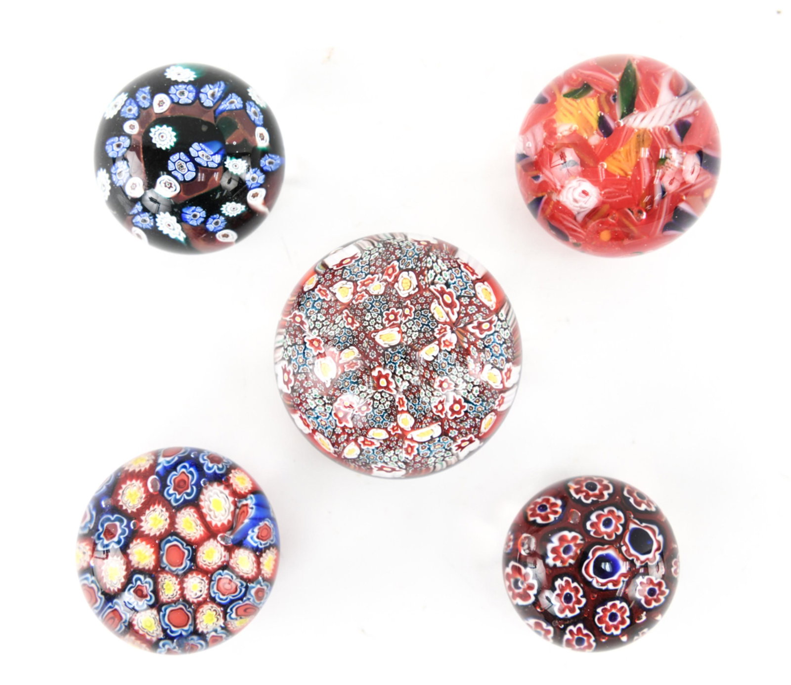 (5) Murano Millefiori Art Glass Paperweights