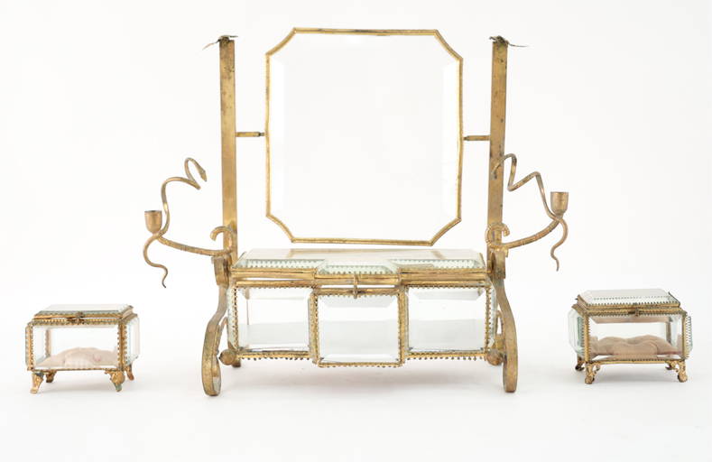 Grouping French Glass Caskets Incl Vanity Mirror