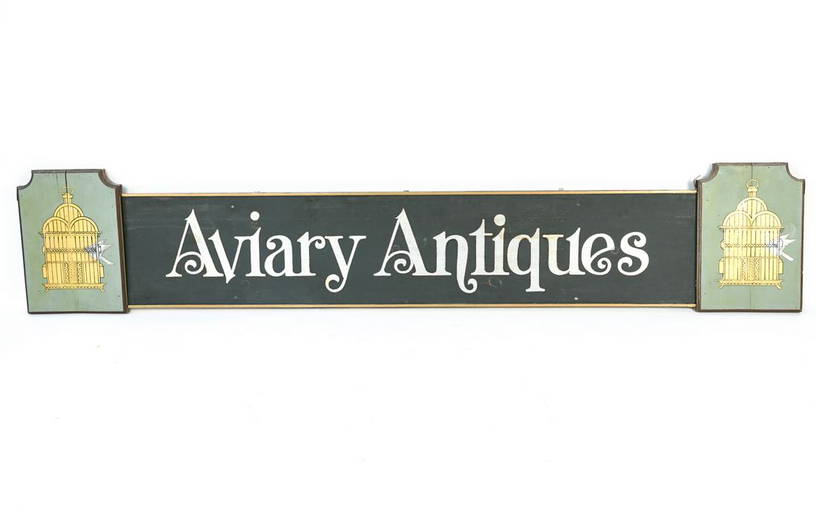 Painted Wooden Aviary Antiques Sign
