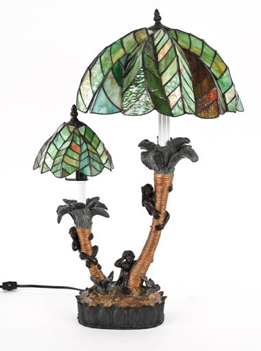 Stained Glass & Resin Palm Tree & Monkey Lamp