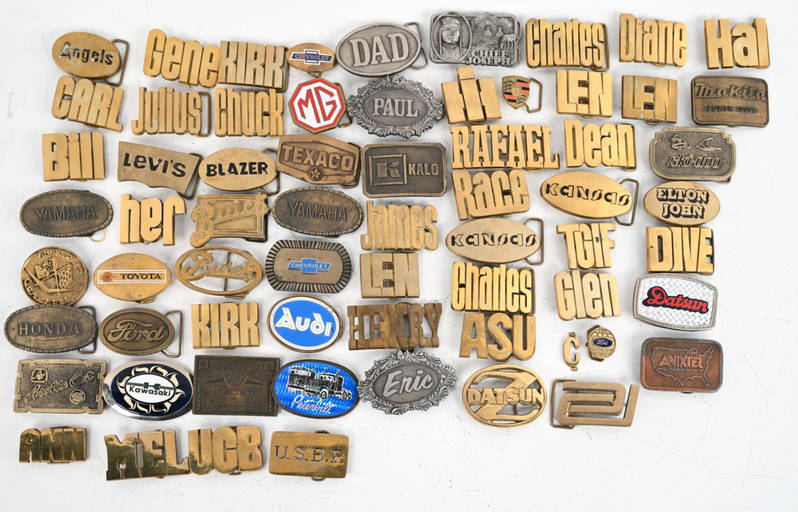 Group Of Vintage Belt Buckles; Names & Advertising