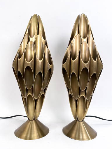 (2) Rougier Style Brushed Brass Tube Table Lamps