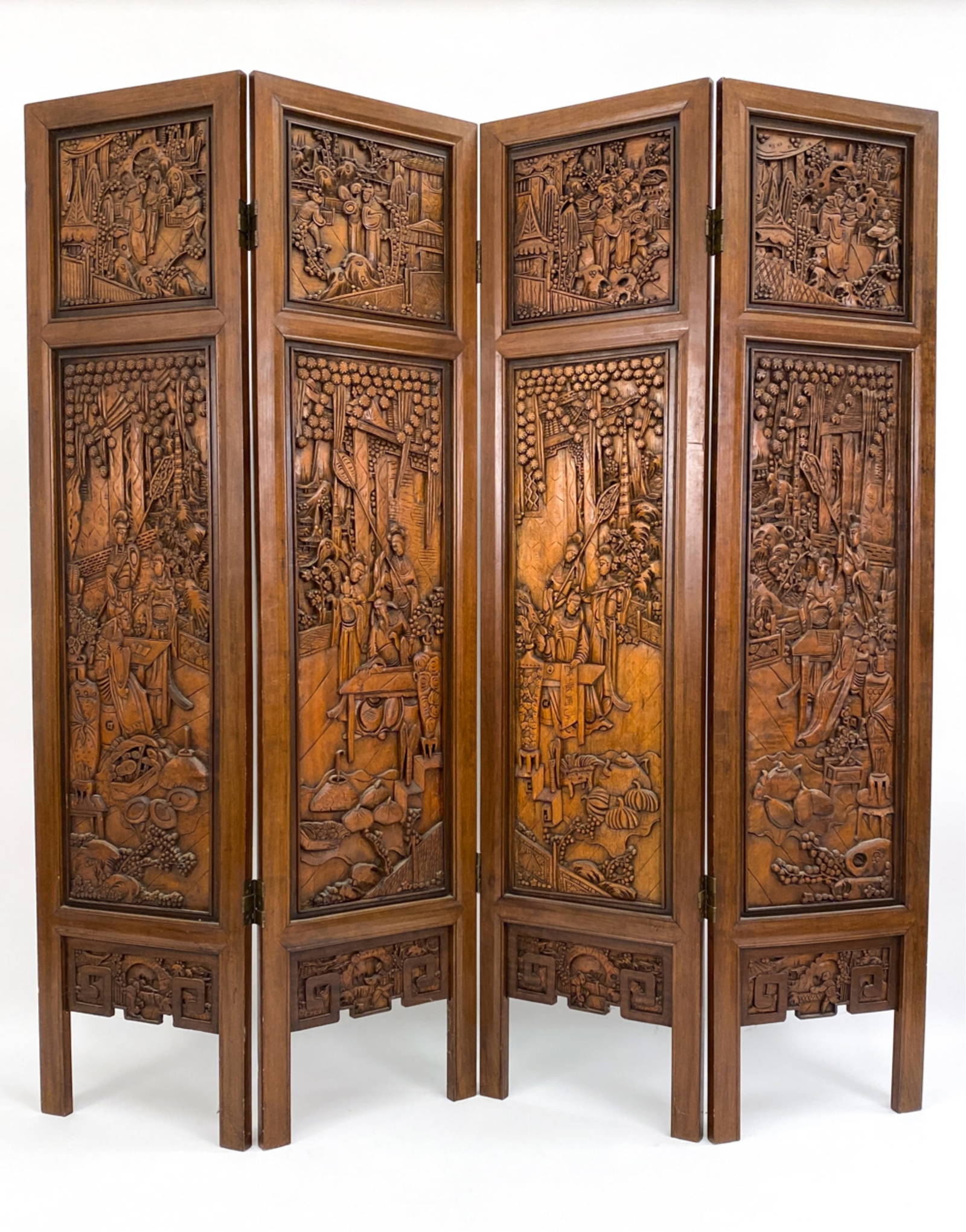 Asian Four-panel Carved Wood Folding Screen Auction