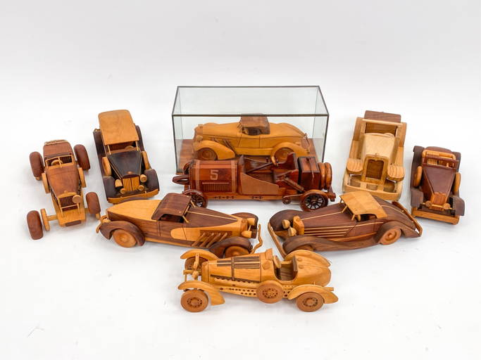 Grouping Of Carved & Craft Wood Model Cars