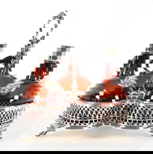 Antique Silverplate Triple Liquor Decanter Caddy