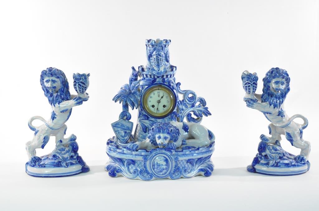 19TH C. FRENCH FAIENCE LION CLOCK ST CLEMENT GALLE