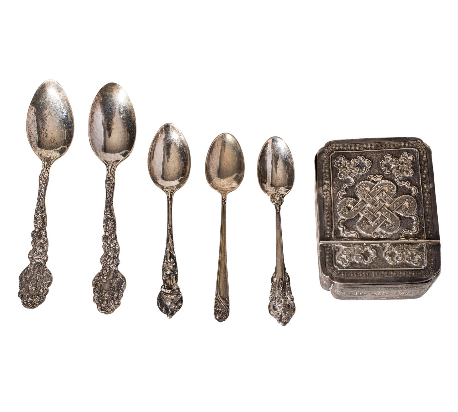 Assembled Sterling Silver Spoons And Hinged Lid Box Auction
