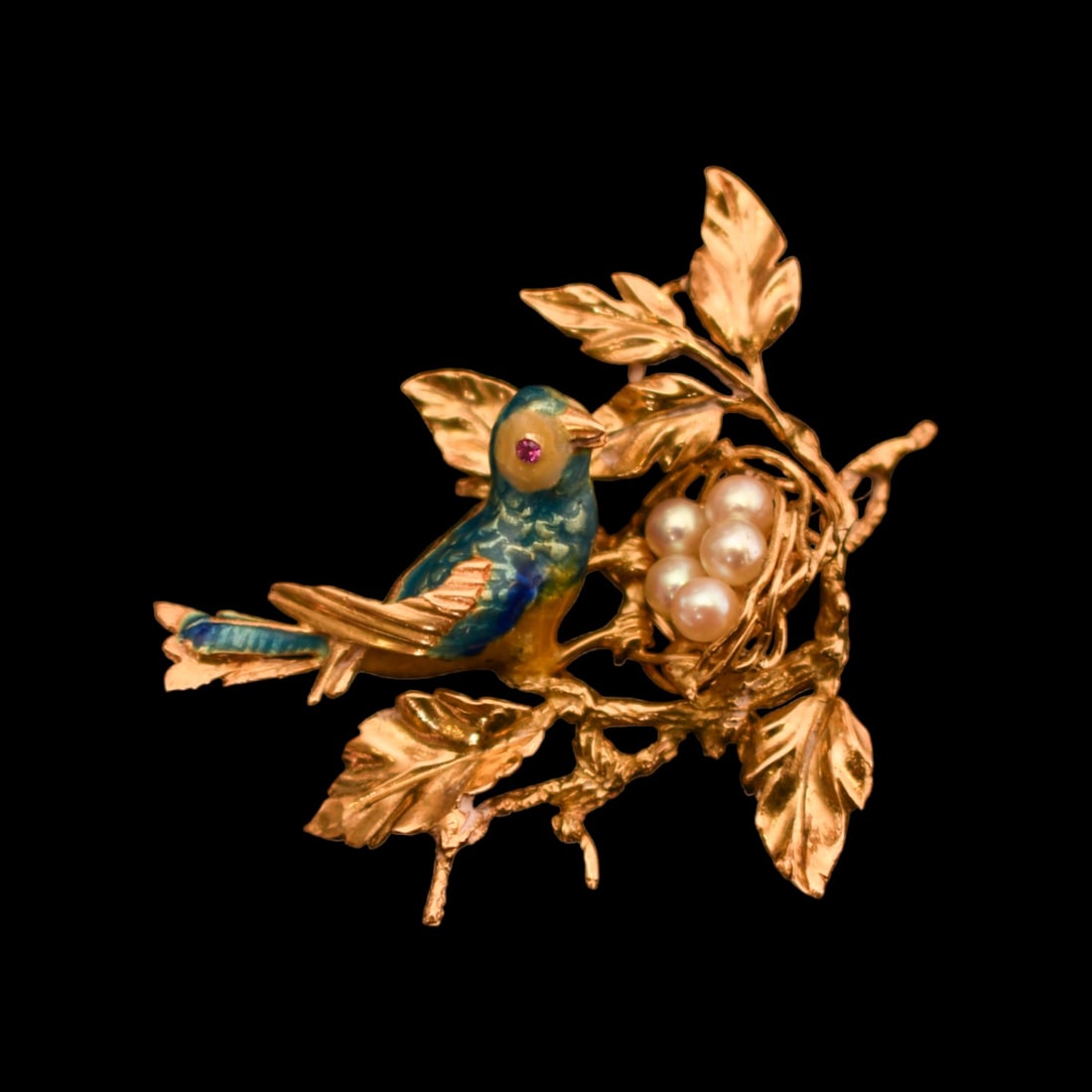 18k Gold And Enamel Bird And Pearl Pin Auction