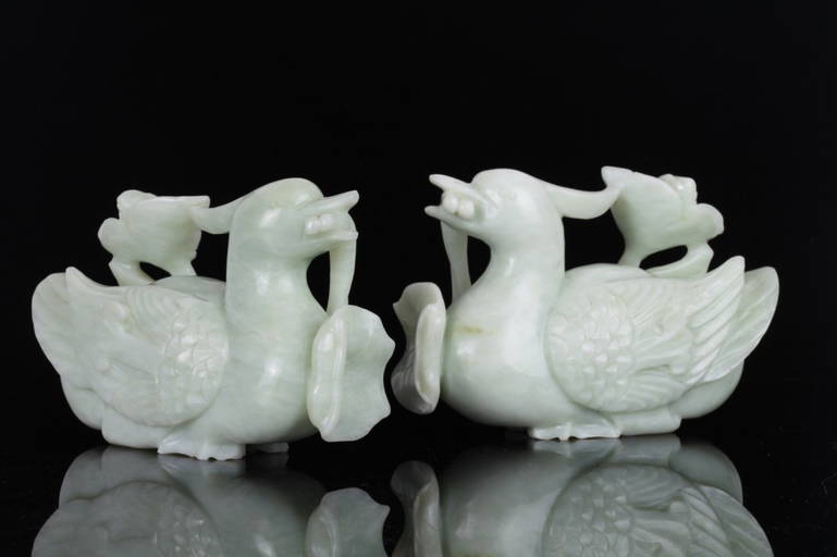 Pair Of Chinese Jadestone Carved Goose With Lotus