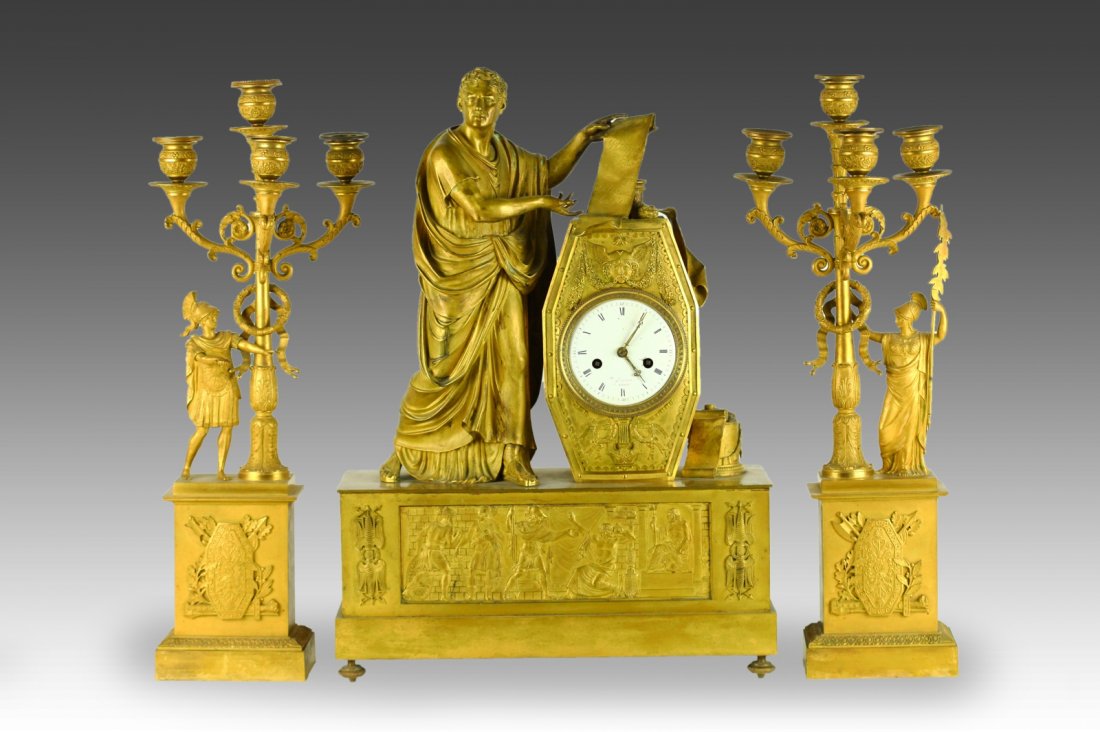 Late 18th - Early 19th C. Dore Bronze Clock Set