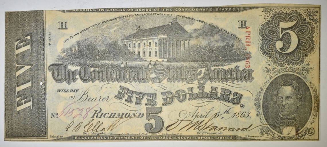 1863 $5 Confederate Note Small Hole