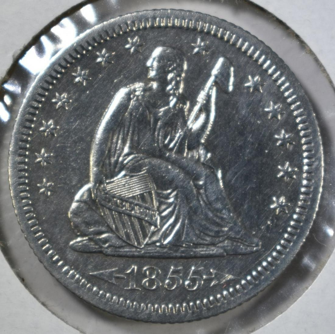 1855 O Liberty Seated Quarter Au