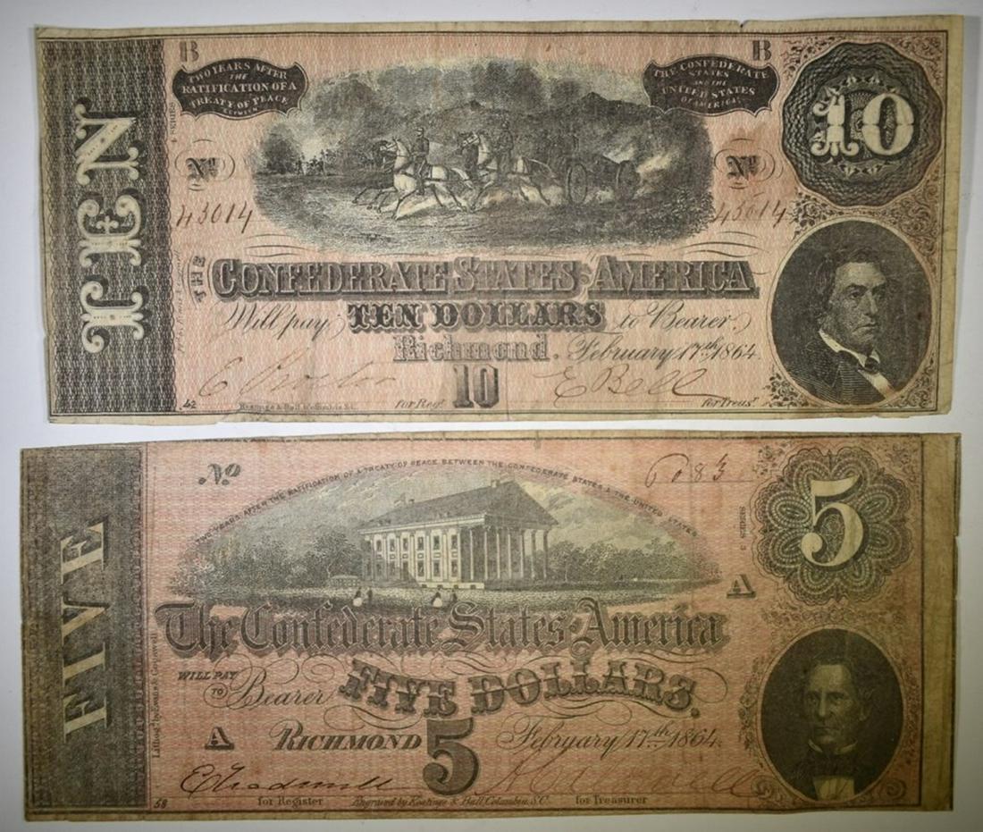1864 $5 & $10 Confederate Notes