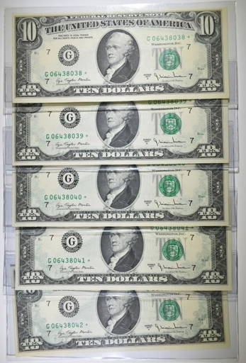 Extremely Rare Set Of 5 1977 A $10 Star Notes