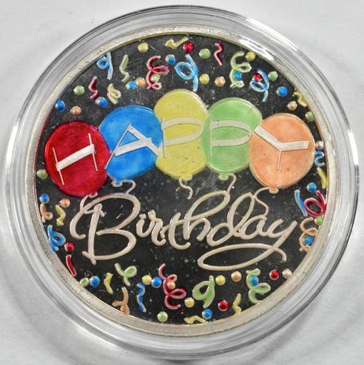 One Oz .999 Enameled Happy Birthday Silver Round