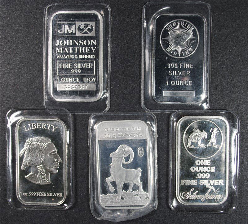 (5) 1 Oz .999 Silver Bars