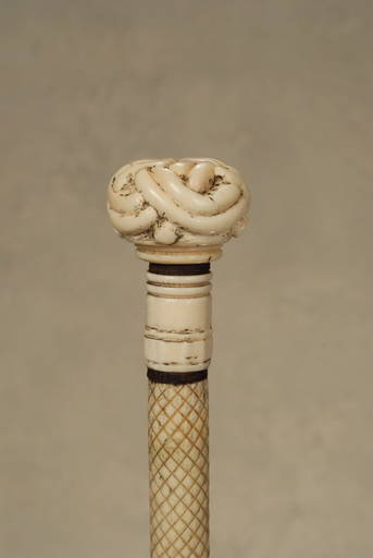 A Fine Ivory Knot Nautical Cane On Carved Whalebone