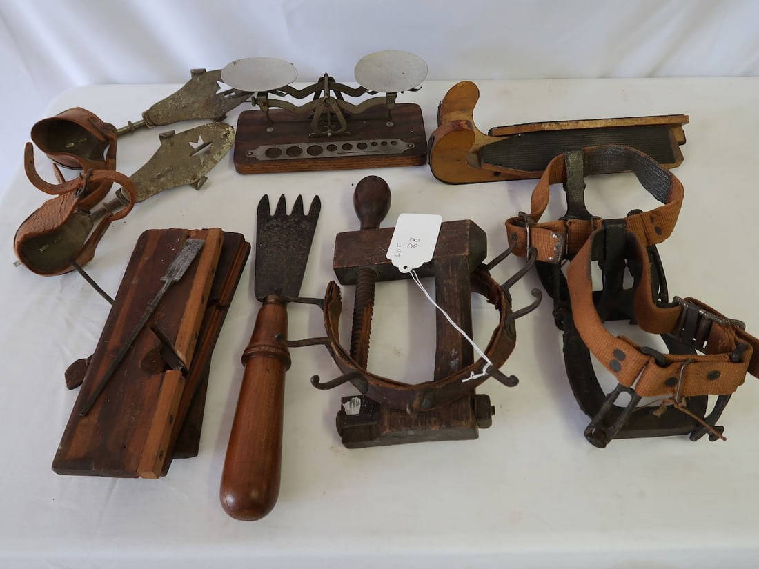 Lot Of Early Primitive Items - 2 Pair Of Skates, Pole Climber Boot ...