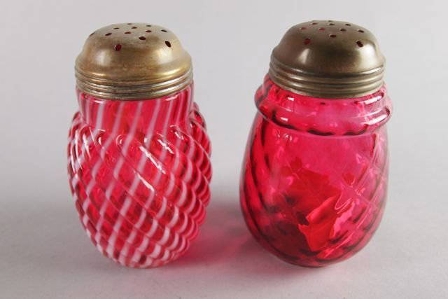 Two Cranberry Glass Sugar Shakers