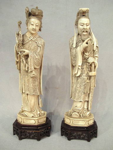 Large Chinese Pair Of Carved Ivory Statues